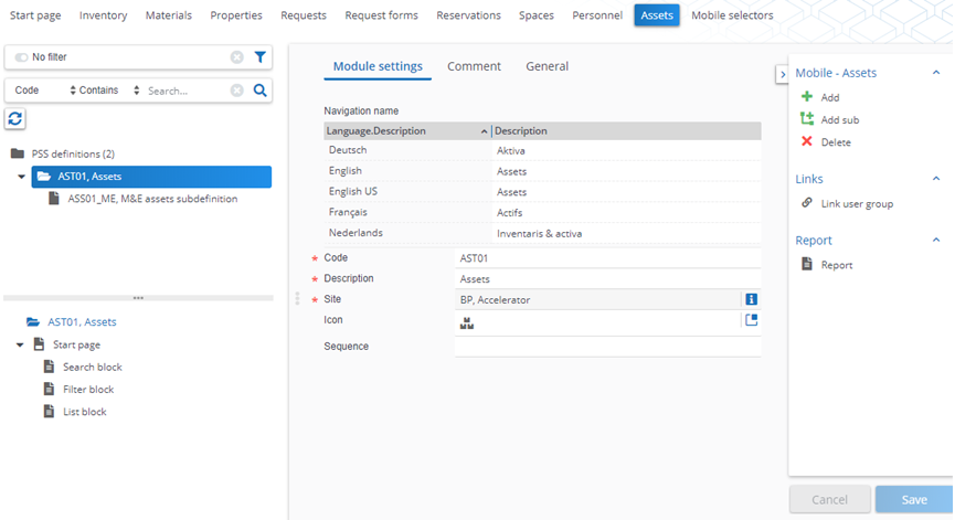 PMFS Live app - Assets module configuration
